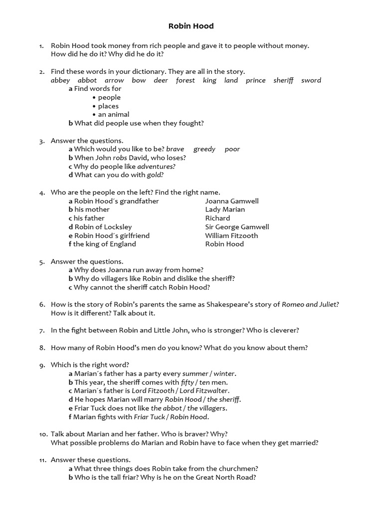 Robin Hood - Questions About The Story | PDF