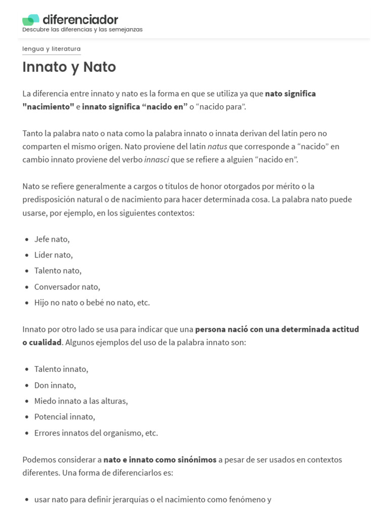 Diferencia entre Innato y Nato - Diferenciador | PDF