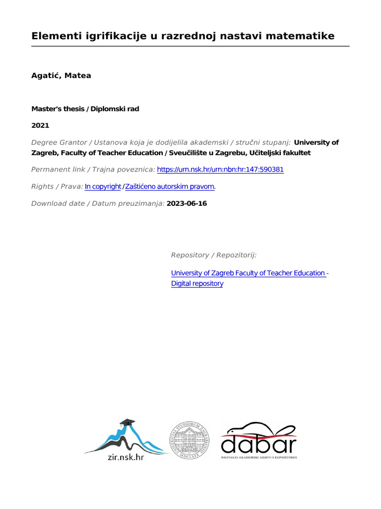 Agatic Matea - Elementi Igrifikacije U Razrednoj Nastavi Matematike | PDF