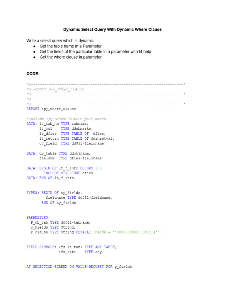 Dynamic Select in Abap1697435803612 | PDF | Computer Programming | Software Engineering
