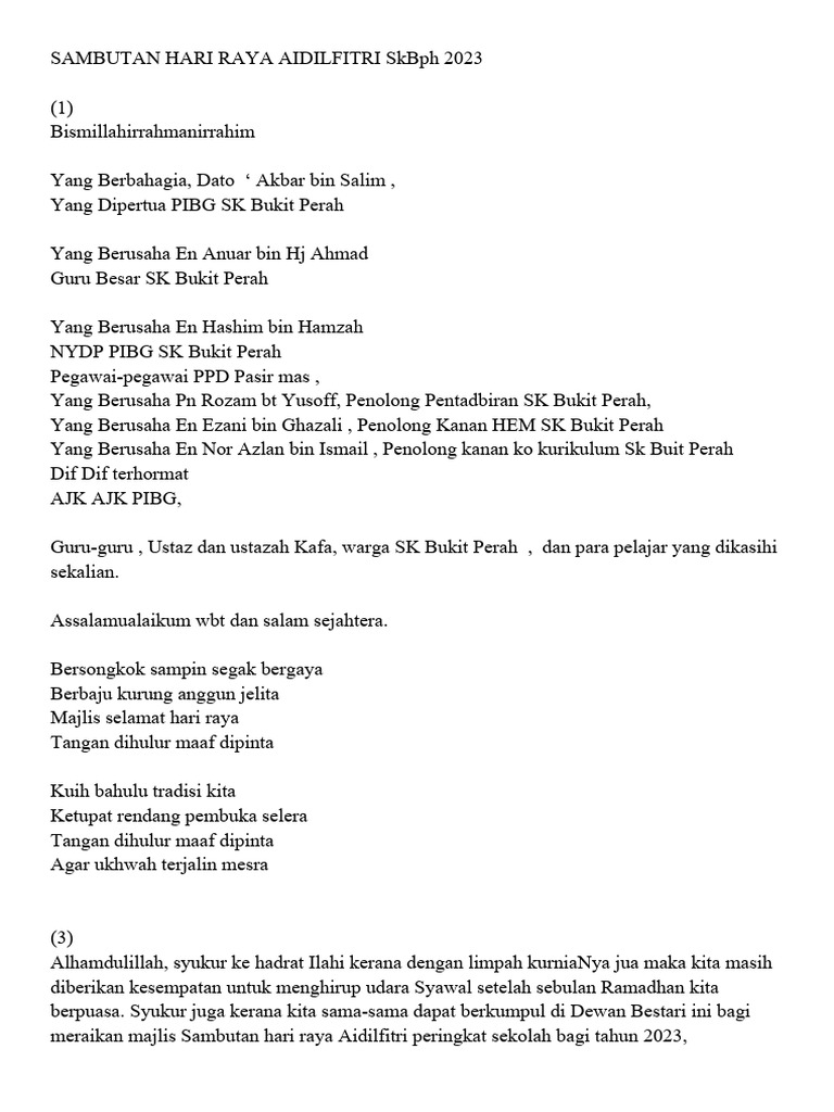 Skrip Pengacara Majlis Hari Raya | PDF