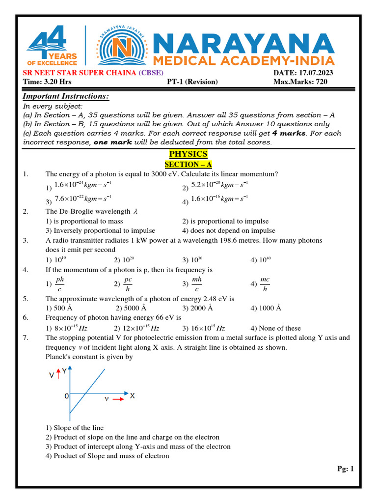 SR Neet Star Super Chaina (Cbse) (Pt-1) Q.P Ex - Dt. 17.07.2023 | PDF ...