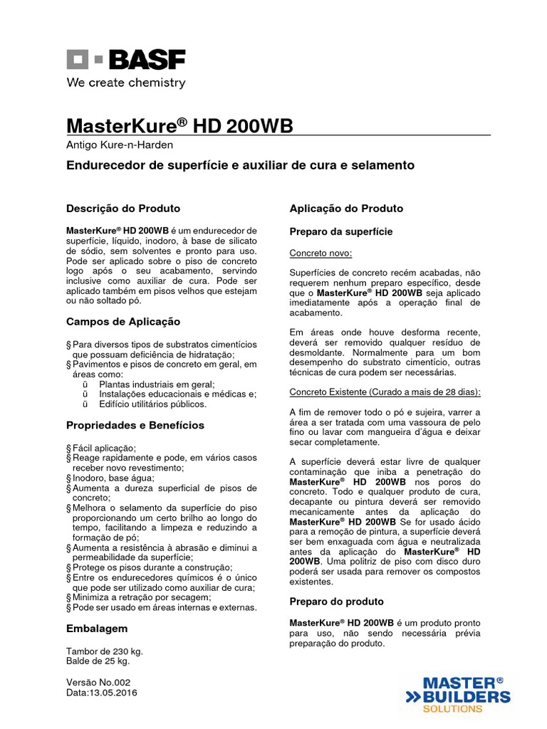 MasterKure® HD 200WB: Endurecedor de Concreto | PDF | Concreto | Umidade