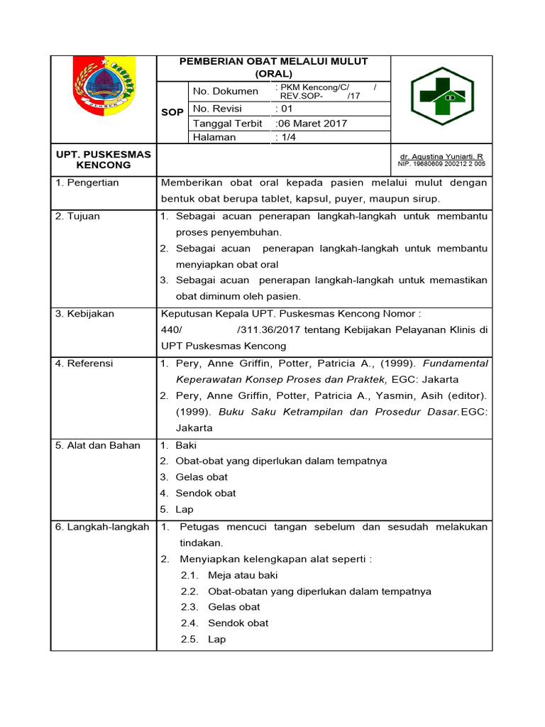 Sop Pemberian Obat Melalui Mulut (Oral) | PDF | Kesehatan Holistik