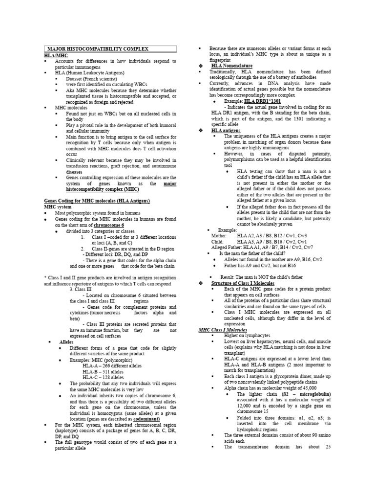Major Histocompatibility Complex Notes Pdf Mhc Class I Human 6548