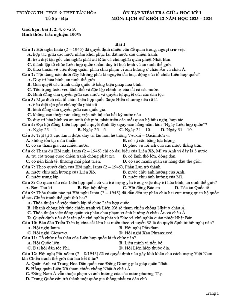 TÂN HÒA - ÔN TẬP KTGK 1 - SỬ 12 | PDF