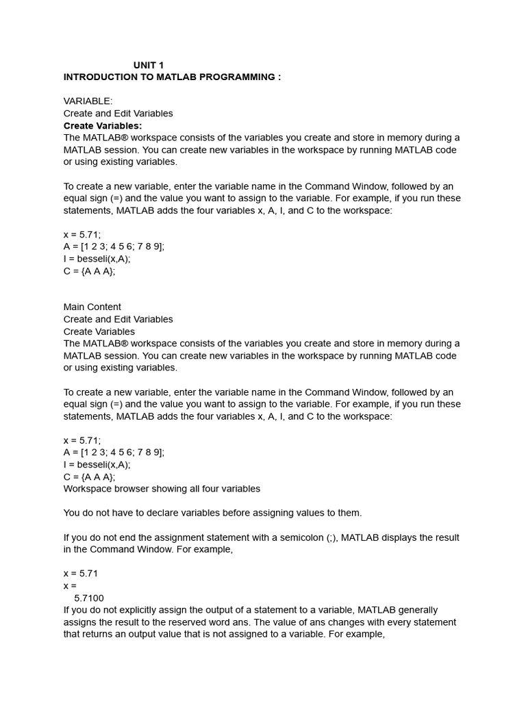 Unit 1 Matlab Pdf Matrix Mathematics Data Type
