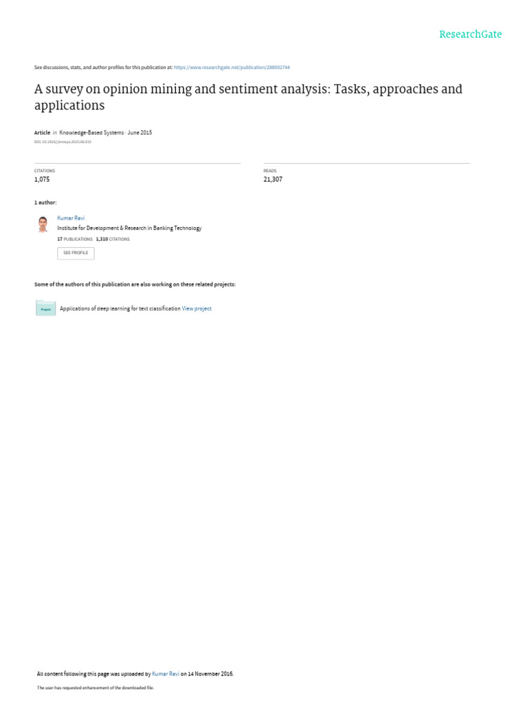 A Survey On Opinion Mining and Sentiment Analysis: Tasks, Approaches and Applications | PDF ...