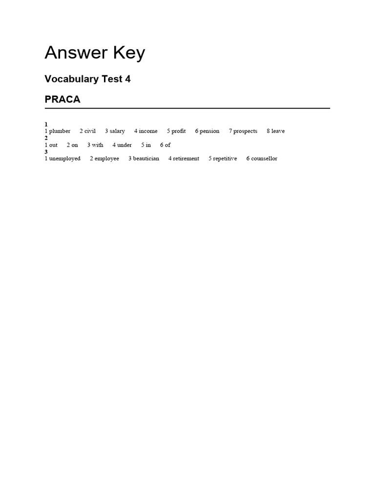 Answer Key Vocabulary Test 4 | PDF