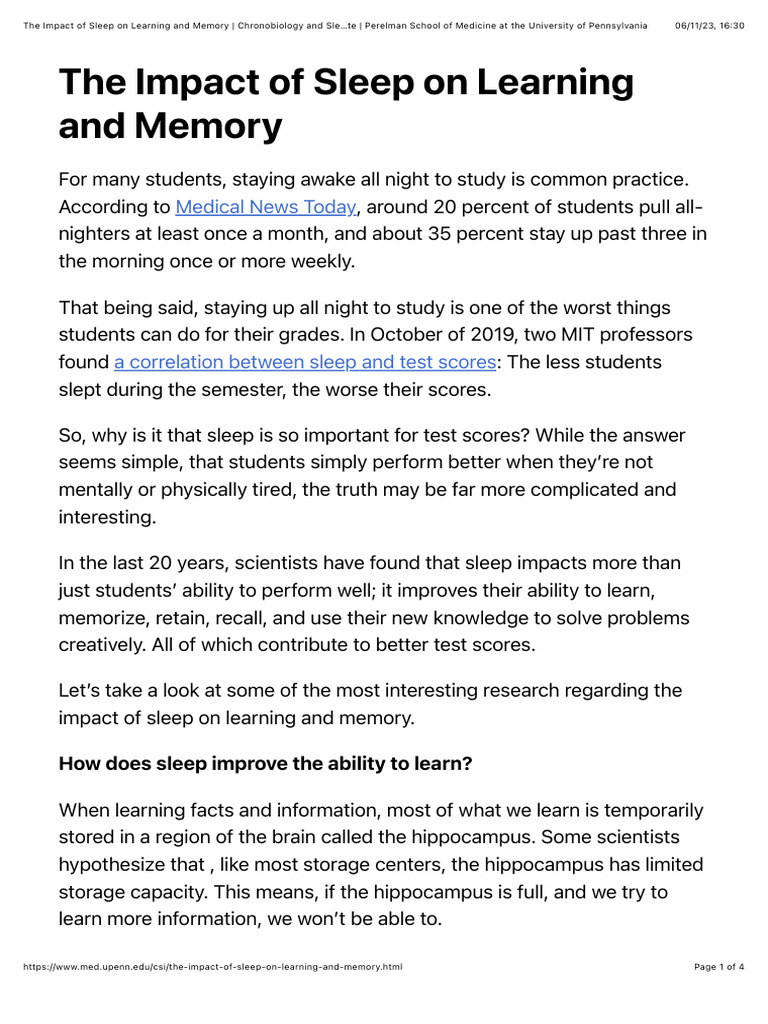 The Impact of Sleep On Learning and Memory - Chronobiology and Sleep ...