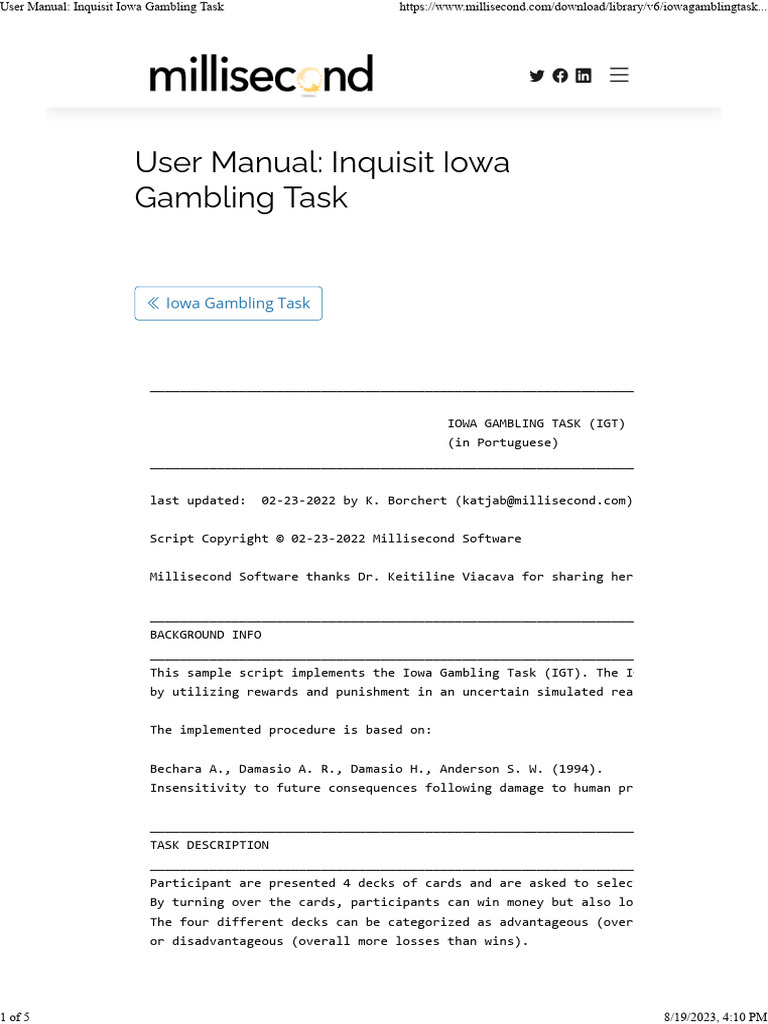User Manual Inquisit Iowa Gambling Task | PDF | Computing
