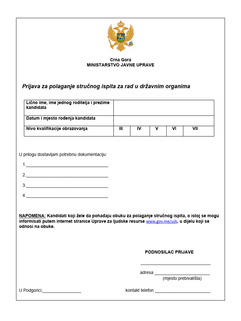Obrazac Prijave Za Polaganje Strucnog Ispita 1 | PDF Obrazac Prijave Za Polaganje Strucnog Ispita 1 | PDF