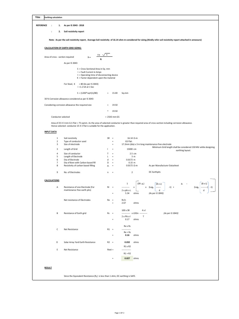 Earthing Calculation | PDF | Electrical Resistivity And Conductivity ...