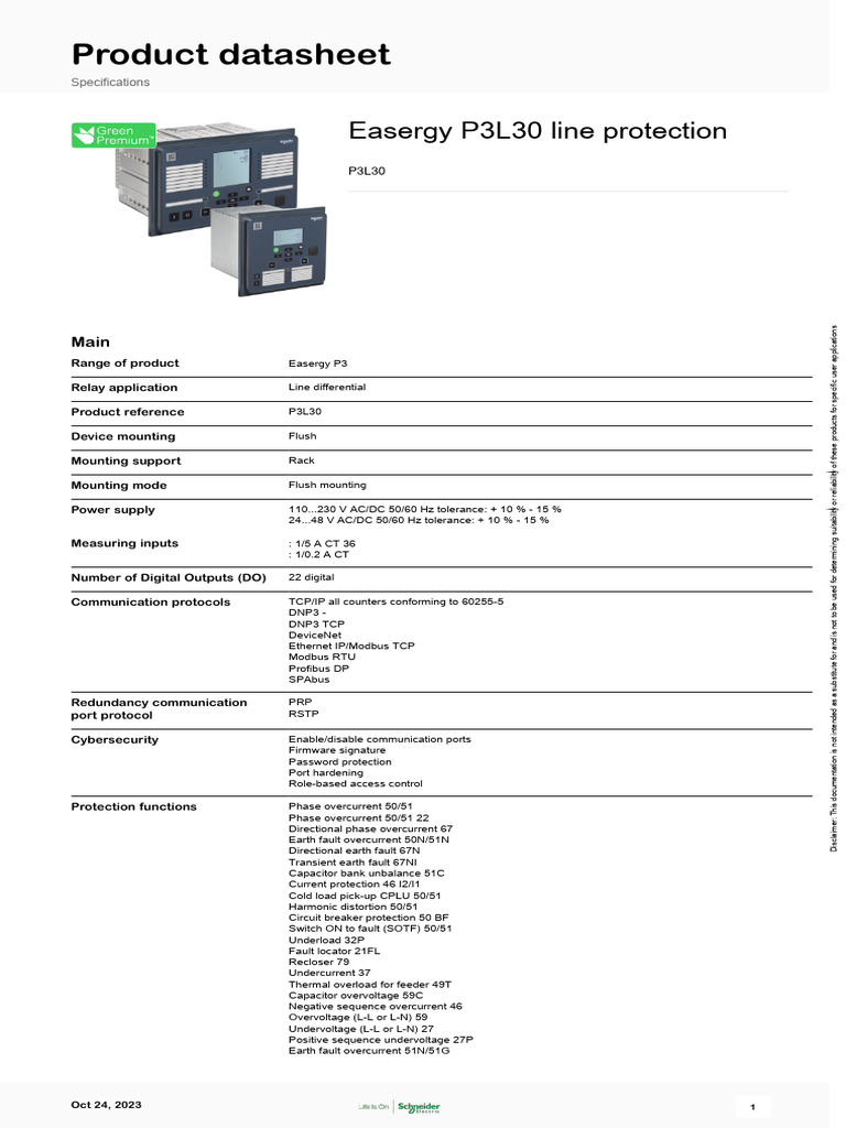 Easergy P3L30 Relay Specifications Guide | PDF | Power Supply ...