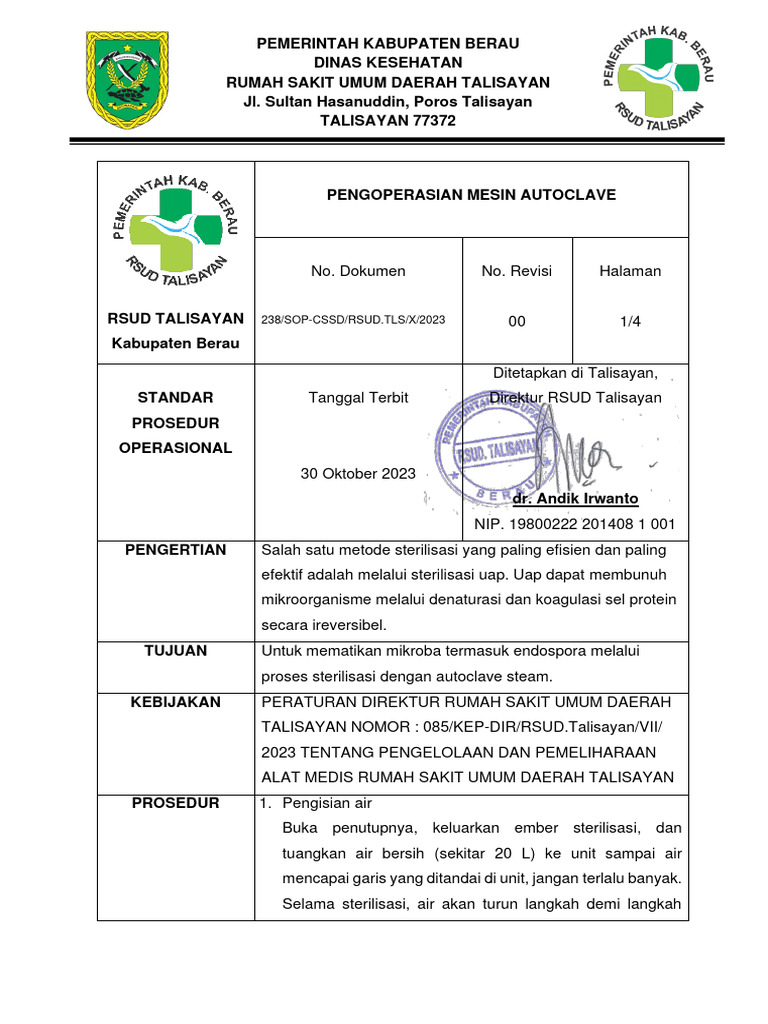 SOP Autoclave RSUD Talisayan | PDF