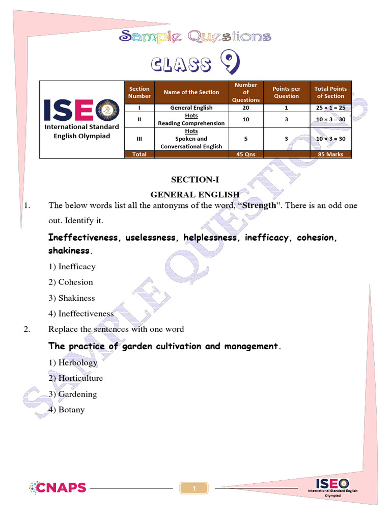 Iseo Class - 9 Sample Questions | PDF | Language Arts & Discipline