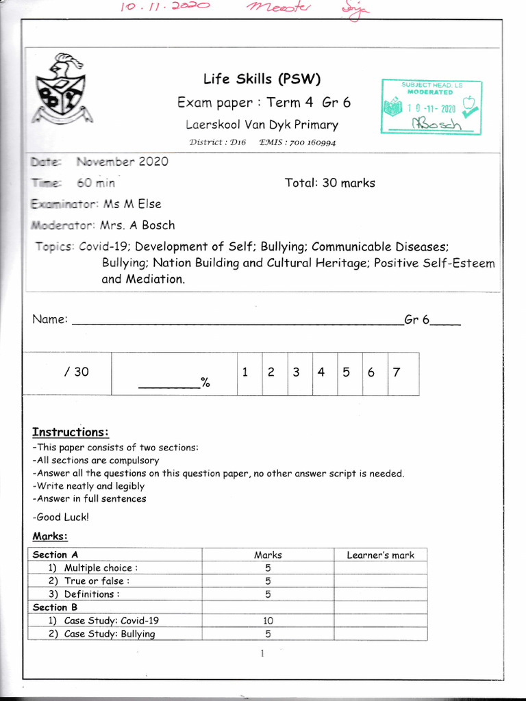 2020 November Exam Paper GR6 LS PSW | PDF