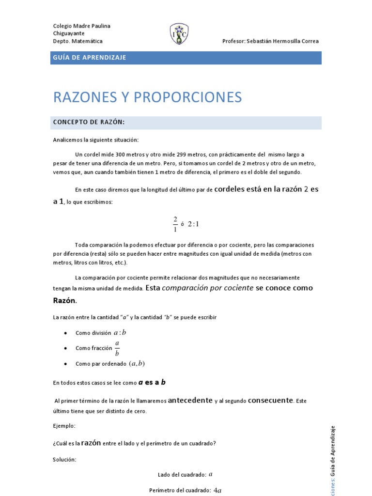 Guía de Aprendizaje - Razones y Proporciones | PDF | Proporción ...
