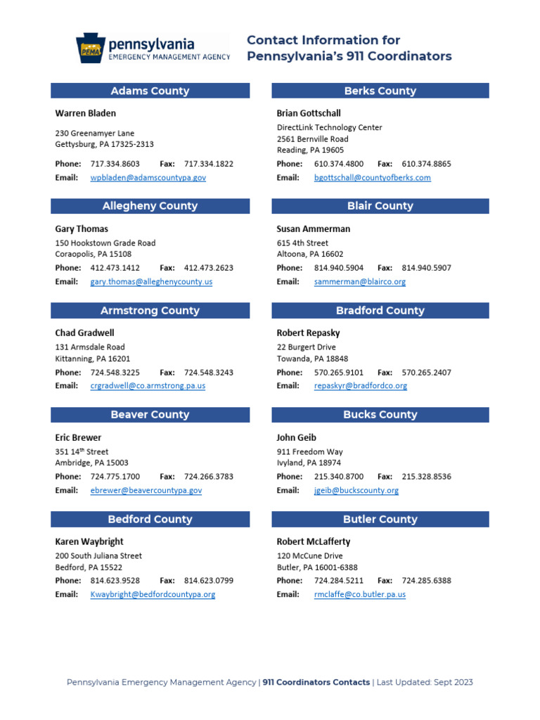 Pennsylvania 911 Coordinators Contacts | PDF | Telecommunications