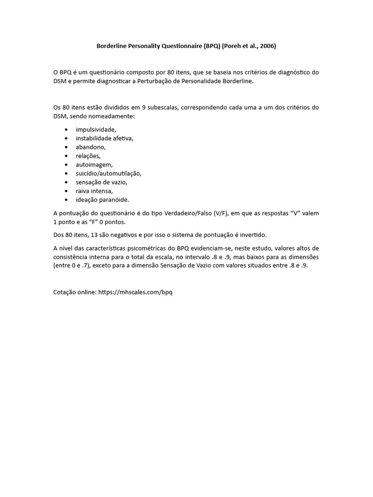 Borderline Personality Questionnaire | PDF