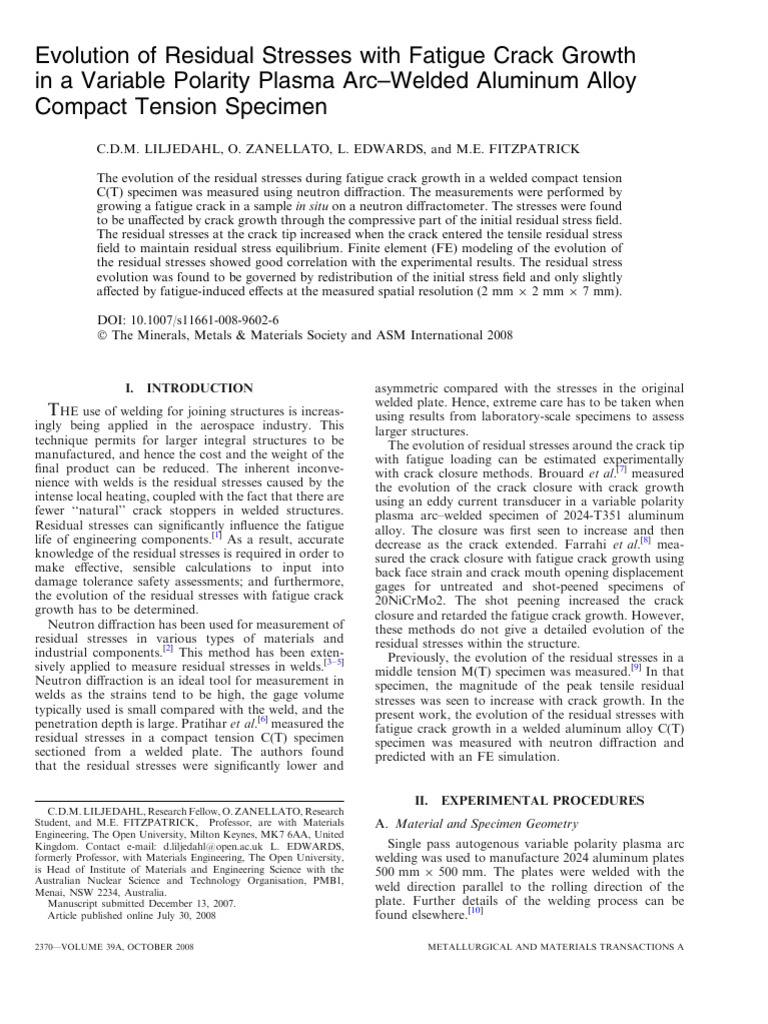 Evolution of Residual Stresses With Fatigue Crack Growth in A Variable ...