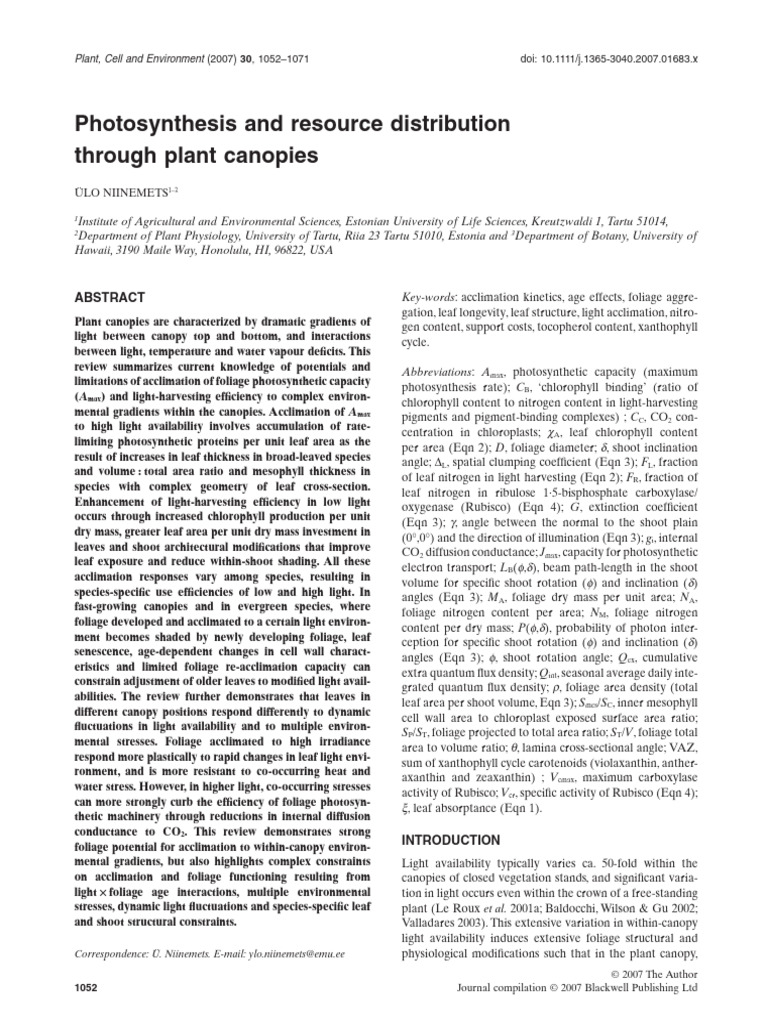 Photosynthesis and Resource Distribution Through Plant Canopies | Download Free PDF ...