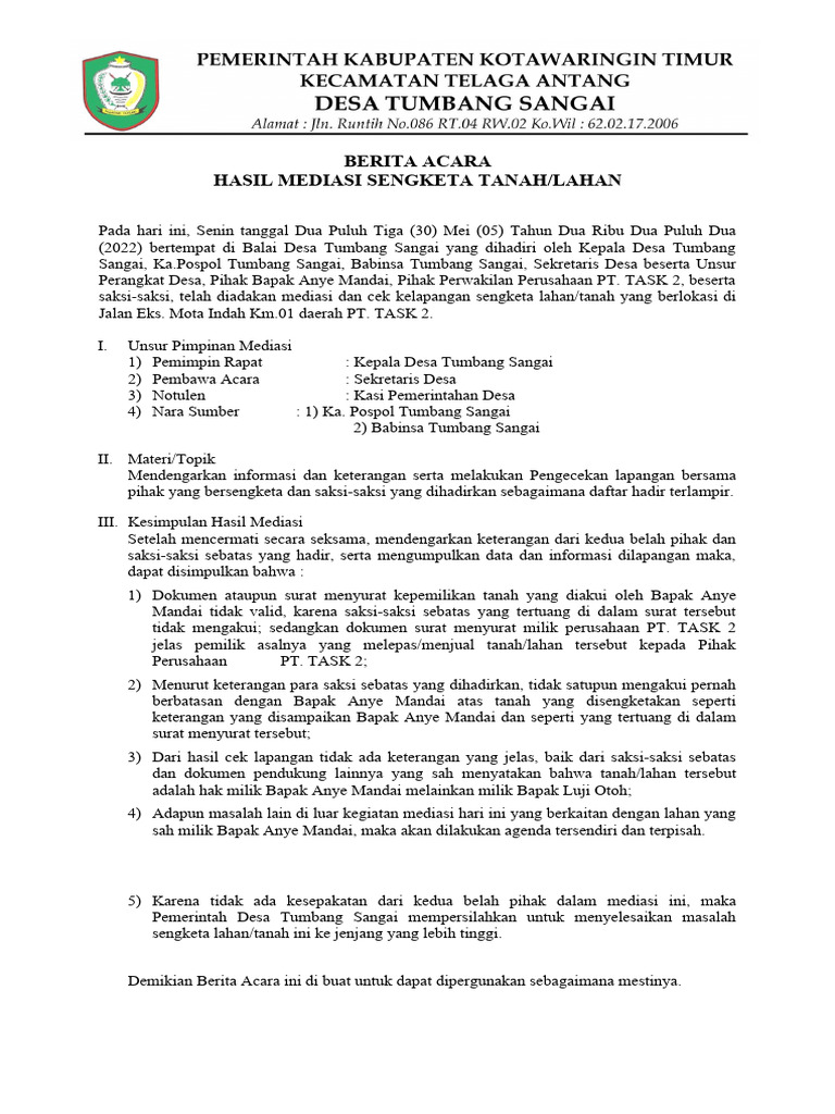 Berita Acara Mediasi Sengketa Lahan Anye Dan PT Task 2 | PDF