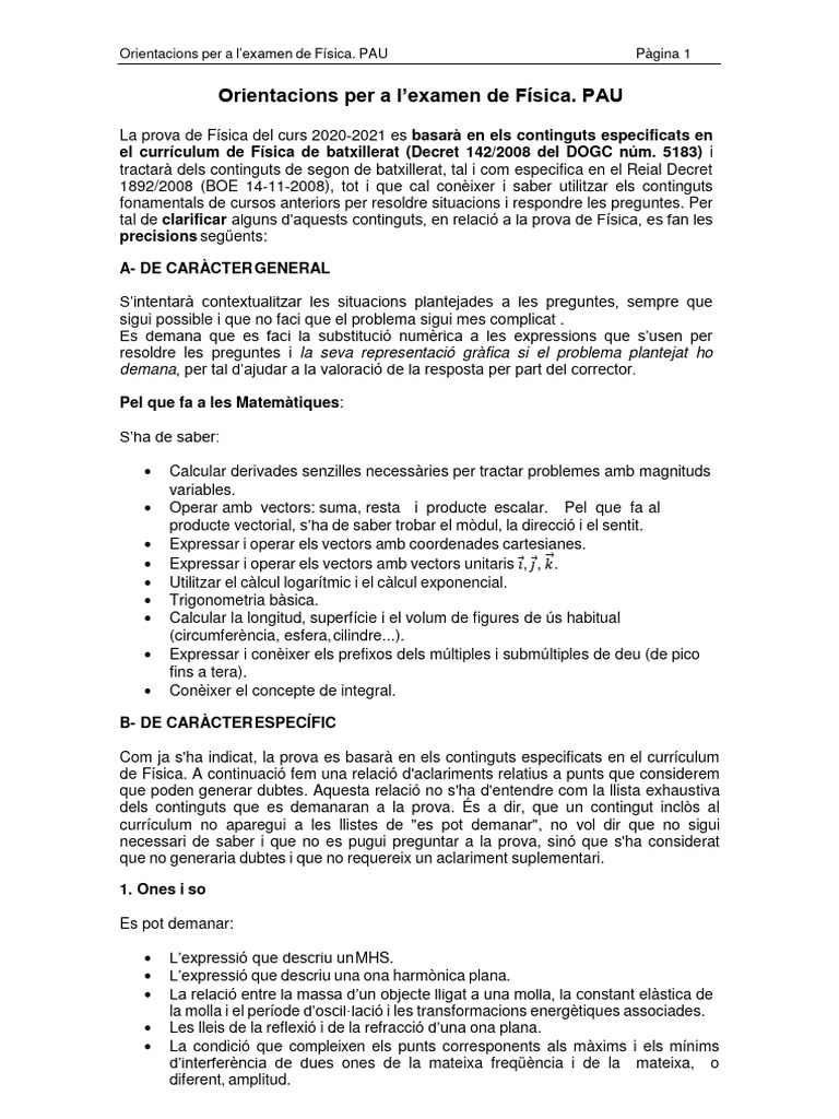 Orientacions Examen Fisica 2021 | PDF