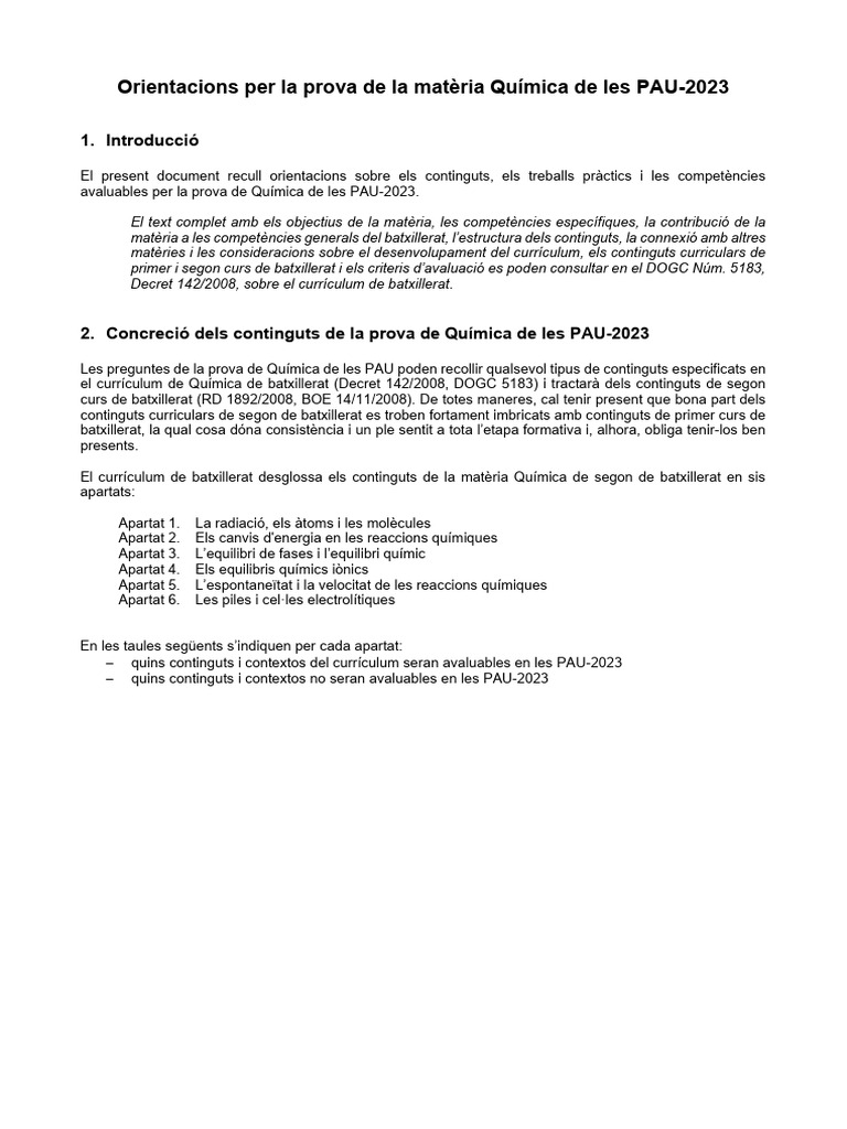 Orientacions Examen de Quimica PAU 2023 | PDF