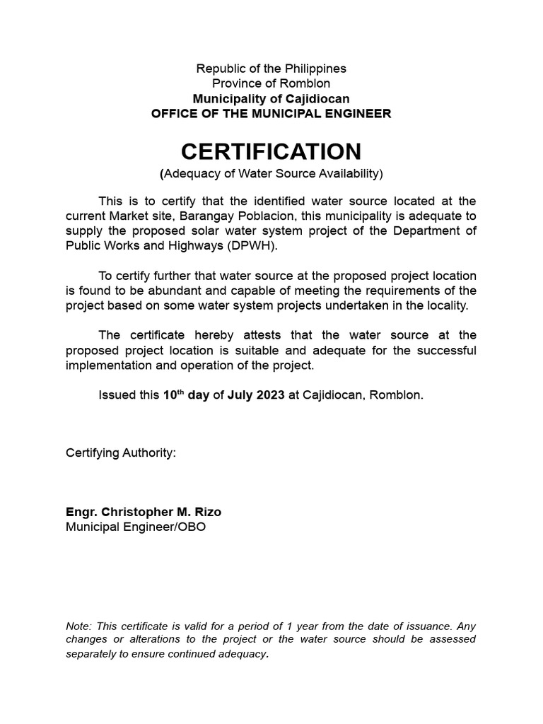 Water Source Adequacy Certification | PDF
