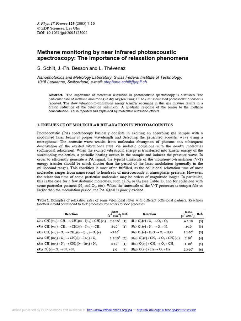 Methane Monitoring by Near Infrared Photoacoustic Spectroscopy The Importance of Relaxation ...