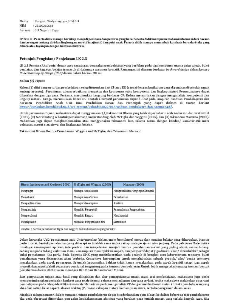 LK 2.3 Rencana Aksi (1) - Pangesti Wisyaningtyas | PDF | Karier & Perkembangan | Seni