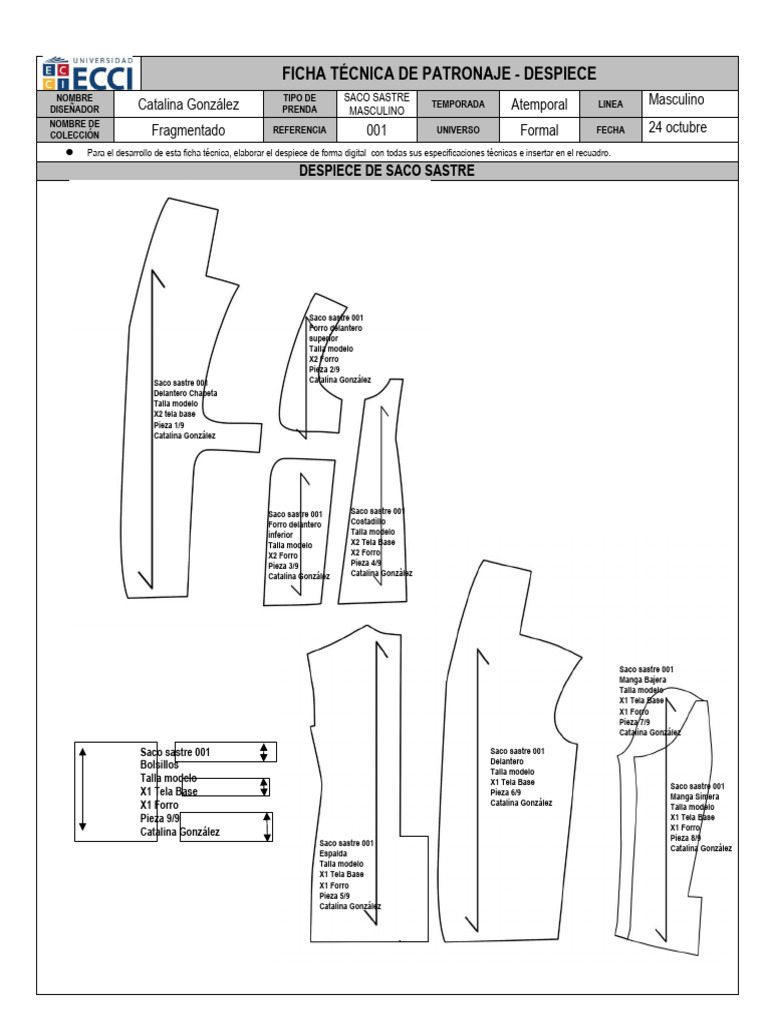 Ficha Técnica de Patronaje y Despiece Catalina Gonzalez PDF | PDF | Ropa | Moda