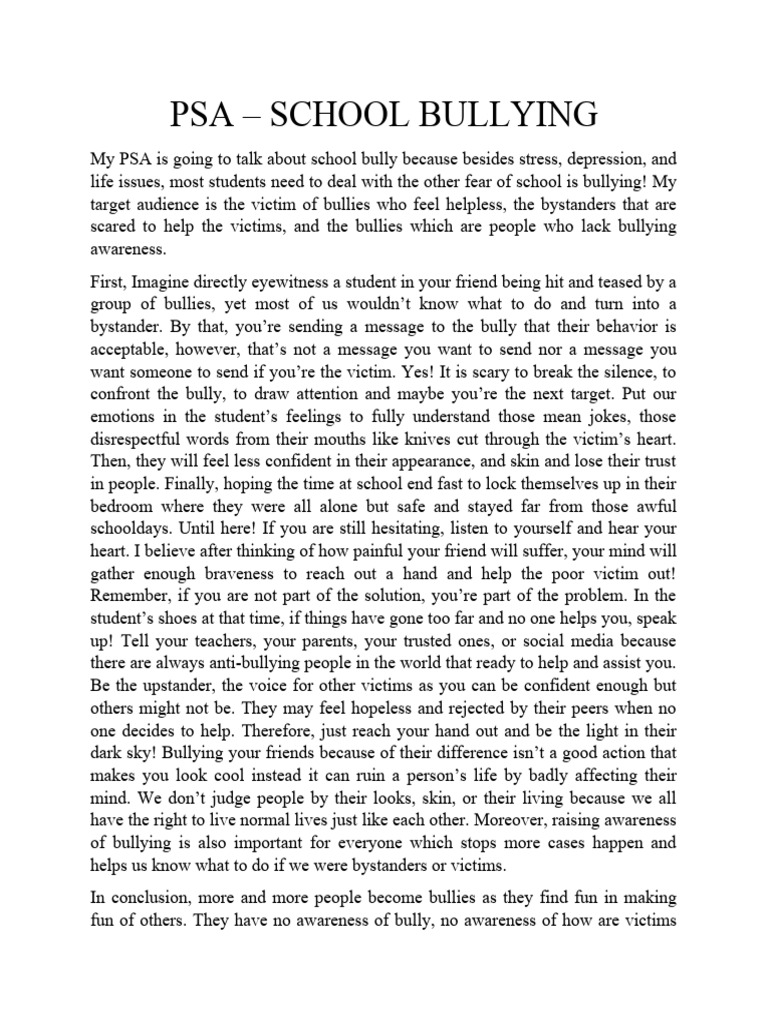 Psa - School Bullying | PDF | Bullying | Social Psychology
