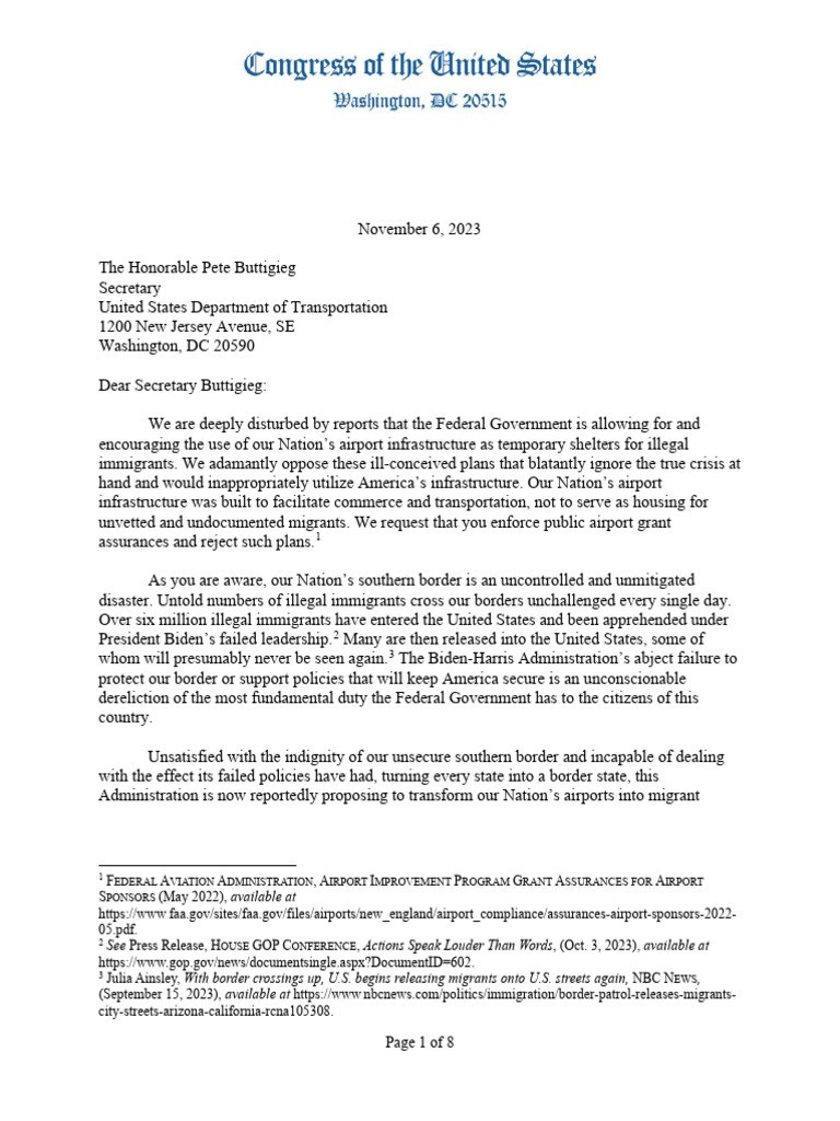 GOP Letter To Buttigieg On Airport Migrant Shelters | PDF | Federal ...