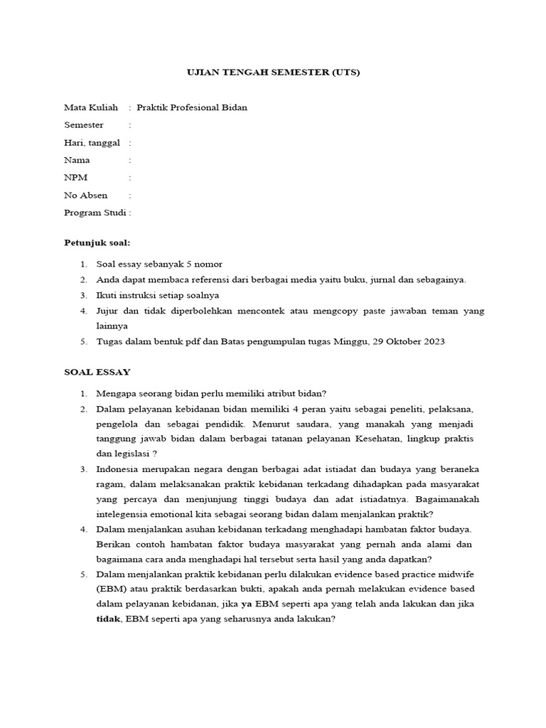 UTS Praktik Profesional Bidan 2023 | PDF