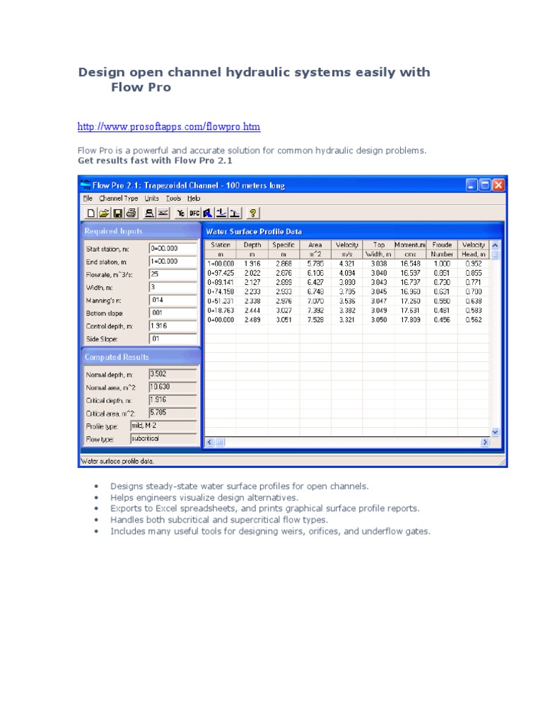 Design Open Channel Hydraulic Systems Easily With Flow Pro | PDF