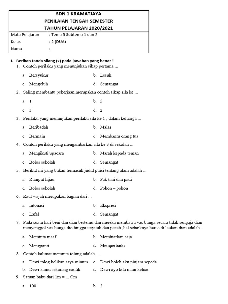 Soal PTS Tema 5 Subtema 1-2 Kelas 2 | PDF