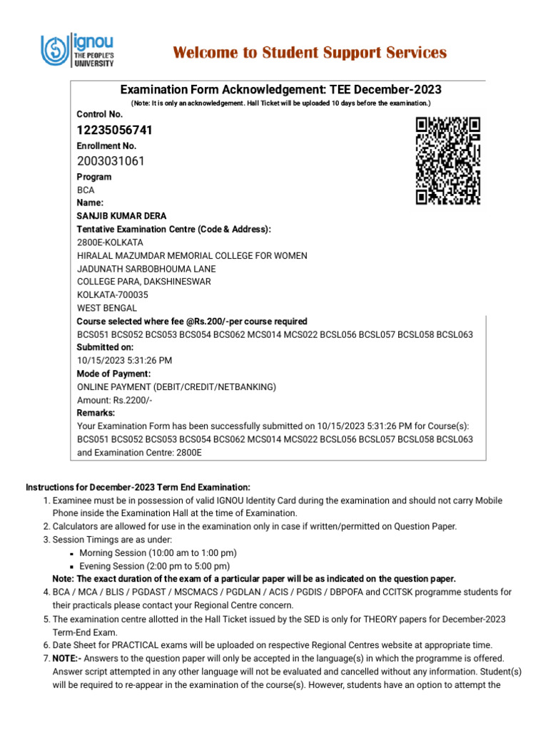 IGNOU - Examination Form Acknowledgement | PDF | Service Industries ...