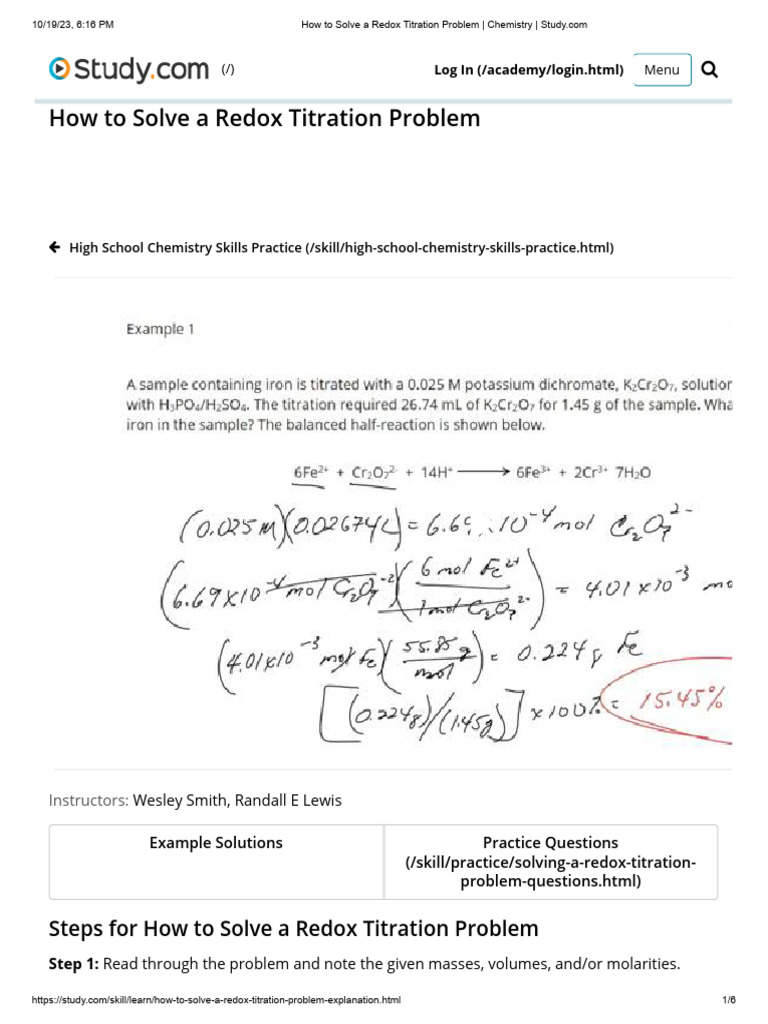 How To Solve A Redox Titration Problem - Chemistry | PDF | Titration ...