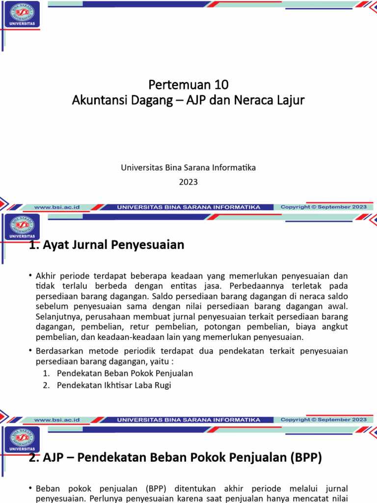 Pertemuan 10 Akuntansi Dagang - AJP Dan Neraca Lajur: Universitas Bina Sarana Informatika 2023 | PDF