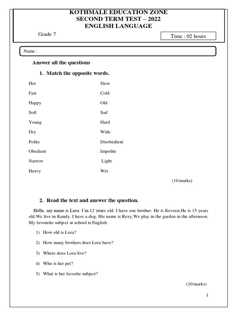 English - Grade 7 - Second Term Test 2022 - Kotmale Zone | PDF
