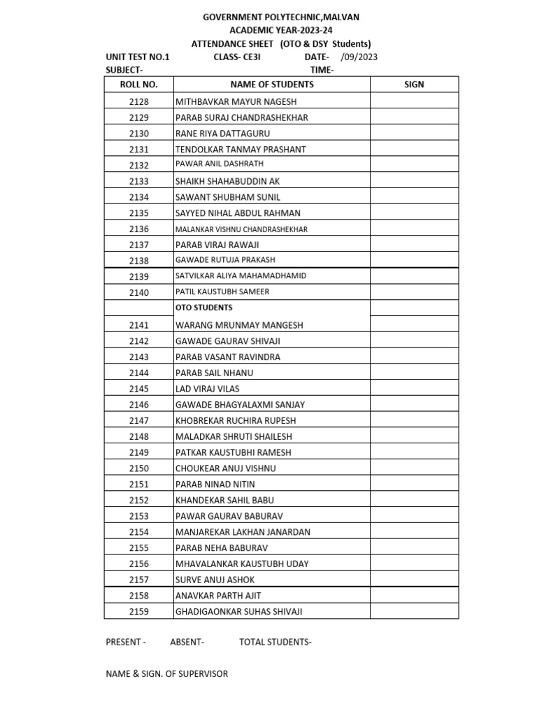 UNIT TEST-1 Oto Dsy Students Attendance Sheet | PDF