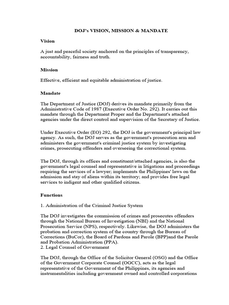 DOJ Vision, Mission and Mandate | PDF | United States Department Of ...
