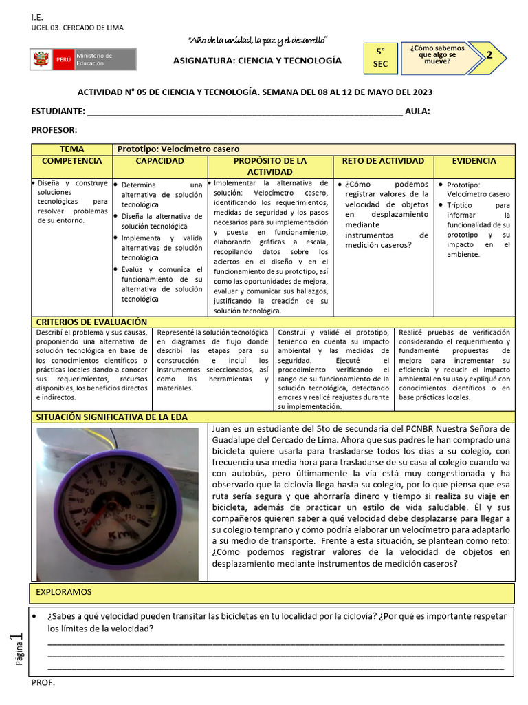 (PDF) 5° SEC. EDA 2 SEMANA 5 Diseña CYT 2023 Prototipo Velocímetro Casero | PDF | Velocidad ...