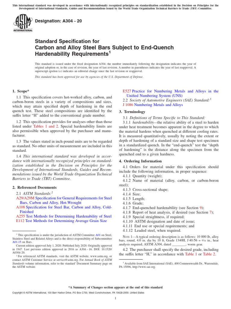 A304 - 20 Standard Specification For Carbon and Alloy Steel Bars Subject To End-Quench ...