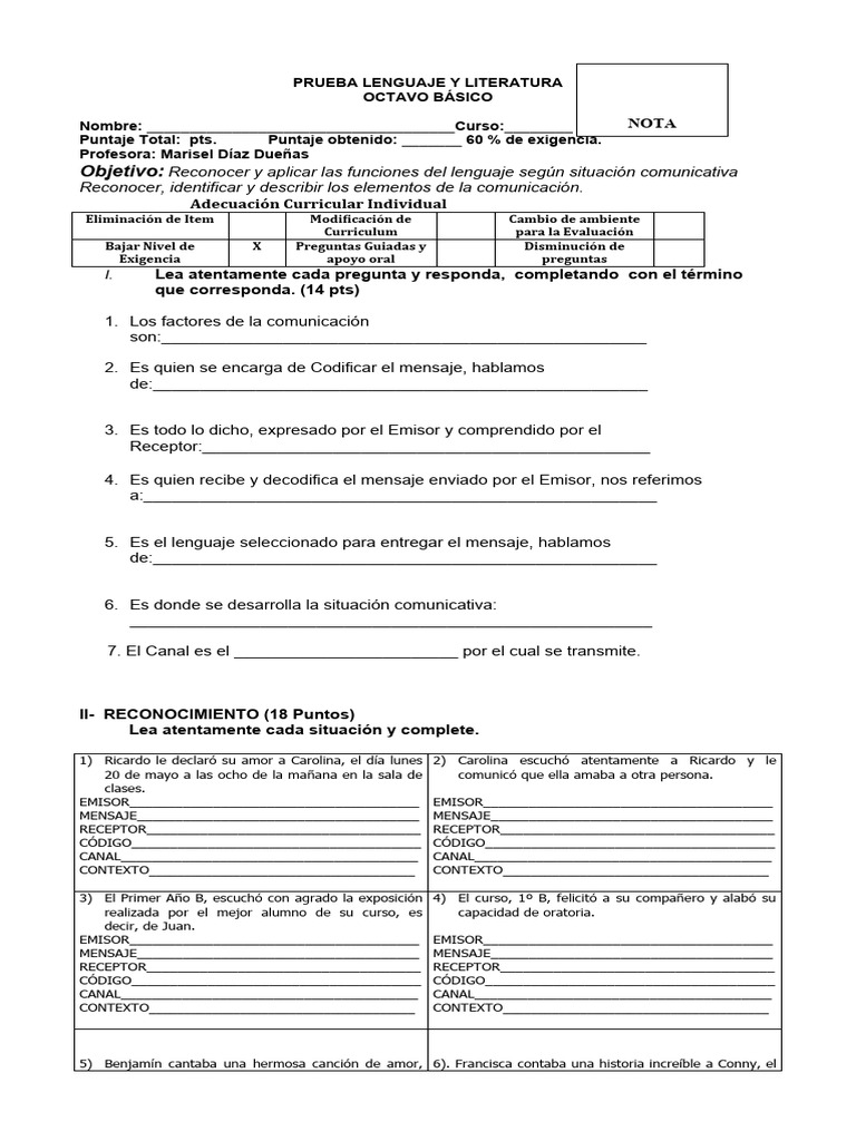 Prueba Elementos y Funsiones Del Lenguaje 8 | PDF | Comunicación | Comunicación humana