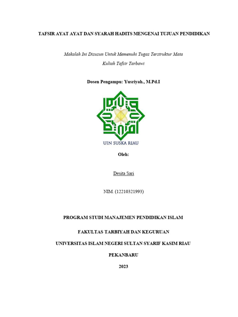 Tafsir Ayat Ayat Dan Syarah Hadits Mengenai Tujuan Pendidikan | PDF