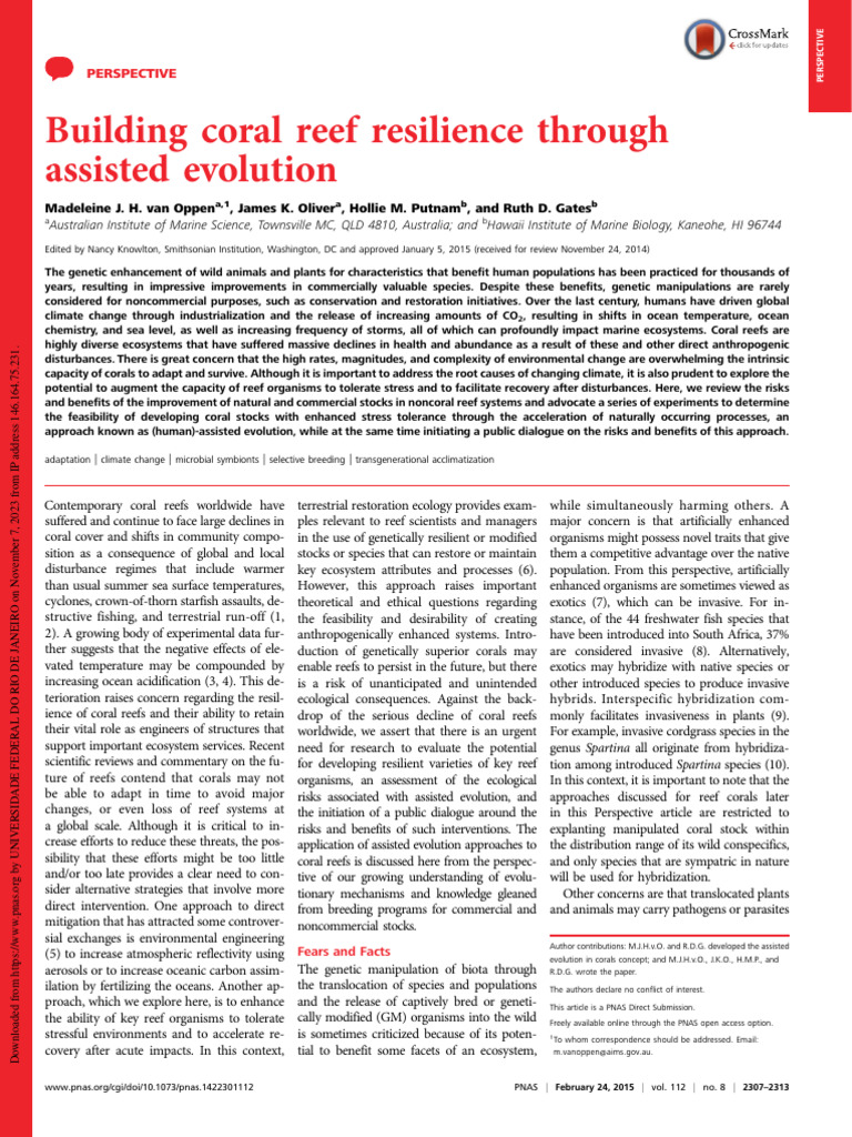 Van Oppen Et Al 2015 Building Coral Reef Resilience Through Assisted ...