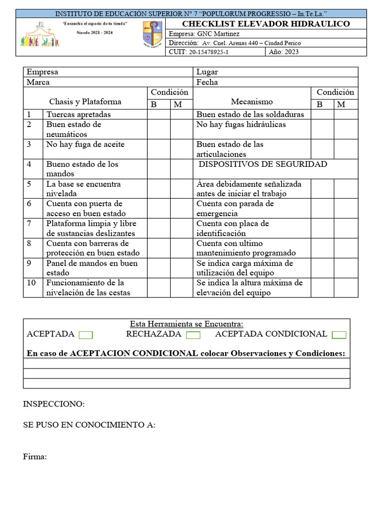 Checklist de Inspección Elevador Hidráulico | PDF